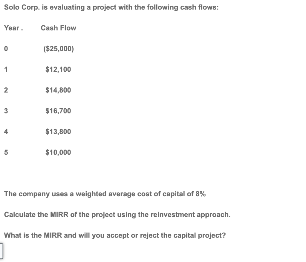 Solved Solo Corp. is evaluating a project with the following | Chegg.com