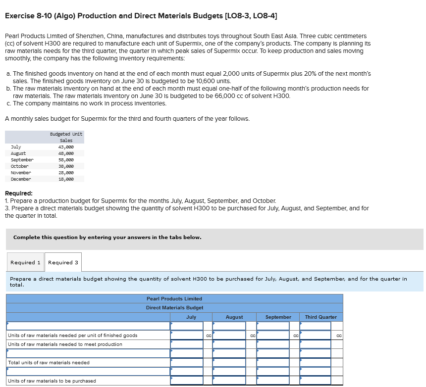 Solved Exercise 8-10 (Algo) Production and Direct Materials | Chegg.com