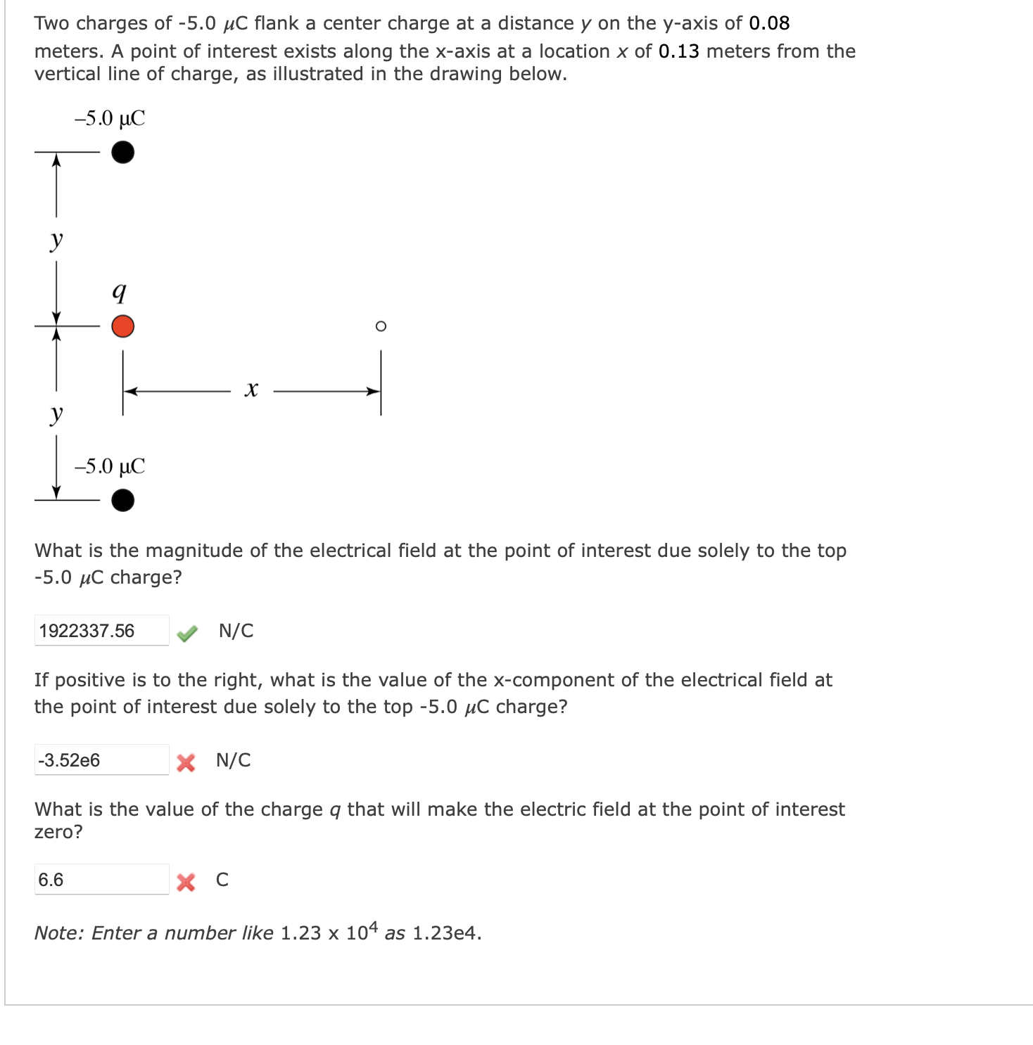 Solved Two charges of −5.0μC flank a center charge at a | Chegg.com