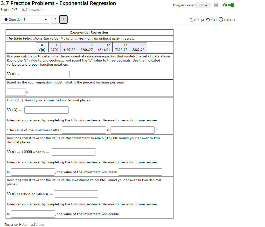 Solved 3.7 Practice Problems - Exponential Regression Score: | Chegg.com