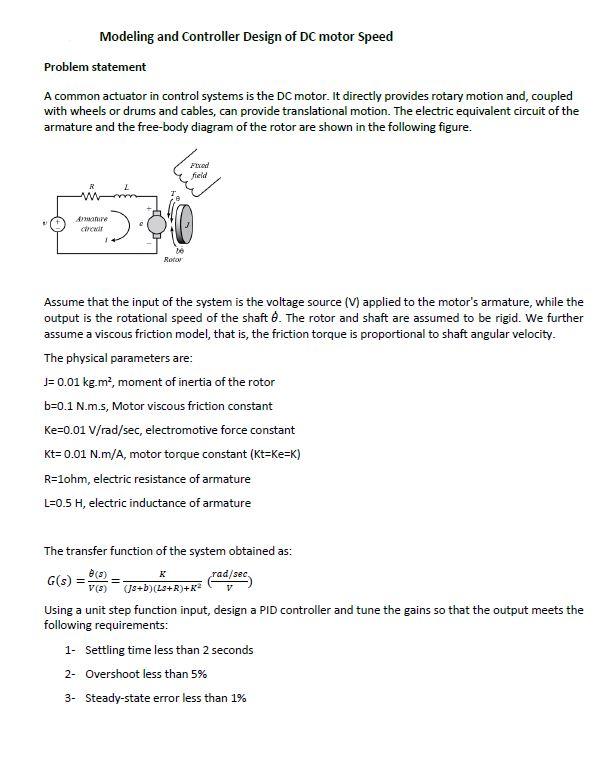 Solved Modeling and Controller Design of DC motor Speed | Chegg.com
