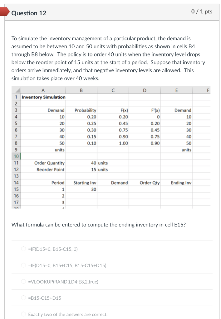 Solved Question 12 0/ 1 pts To simulate the inventory | Chegg.com
