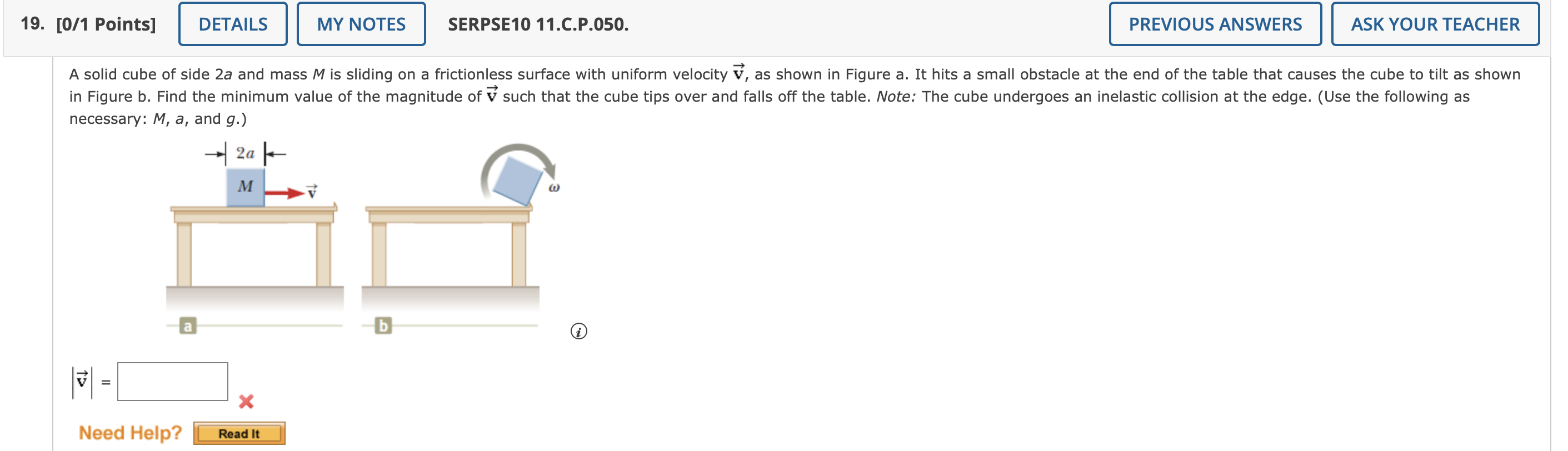 Solved A solid cube of ﻿side 2a and mass M is ﻿sliding on ﻿a | Chegg.com