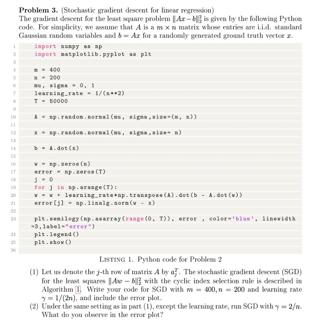 Solved Problem 3. (Stochastic gradient descent for linear | Chegg.com