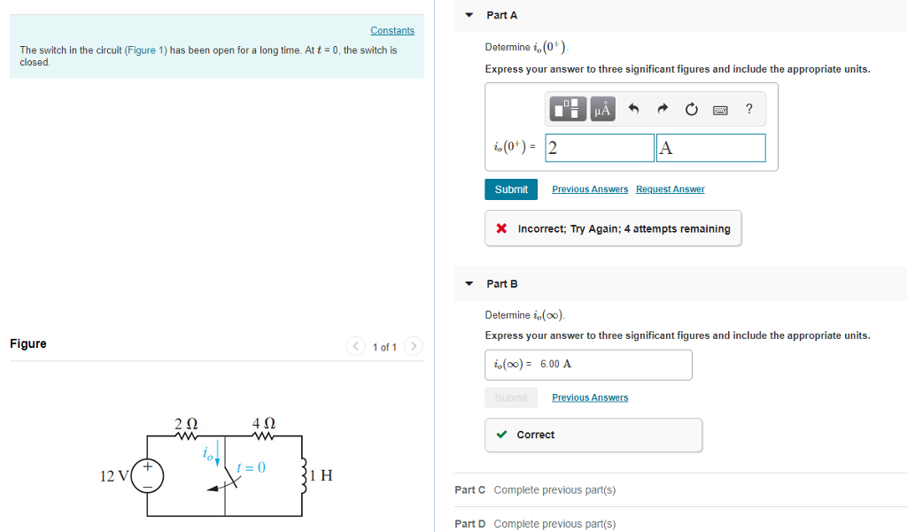 Solved Part A Constants The switch in the circuit (Figure 1) | Chegg.com