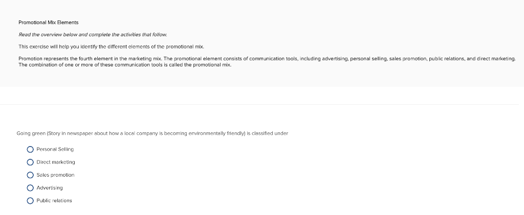 Solved Promotional Mix Elements Read the overview below and | Chegg.com