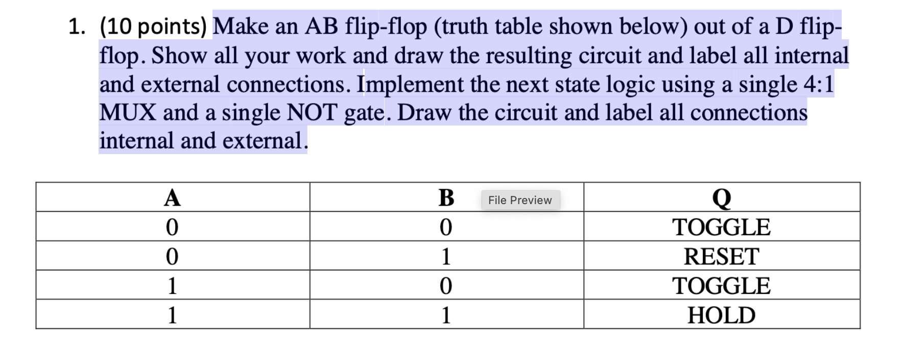 Solved (10 points) Make an AB flip-flop (truth table shown | Chegg.com