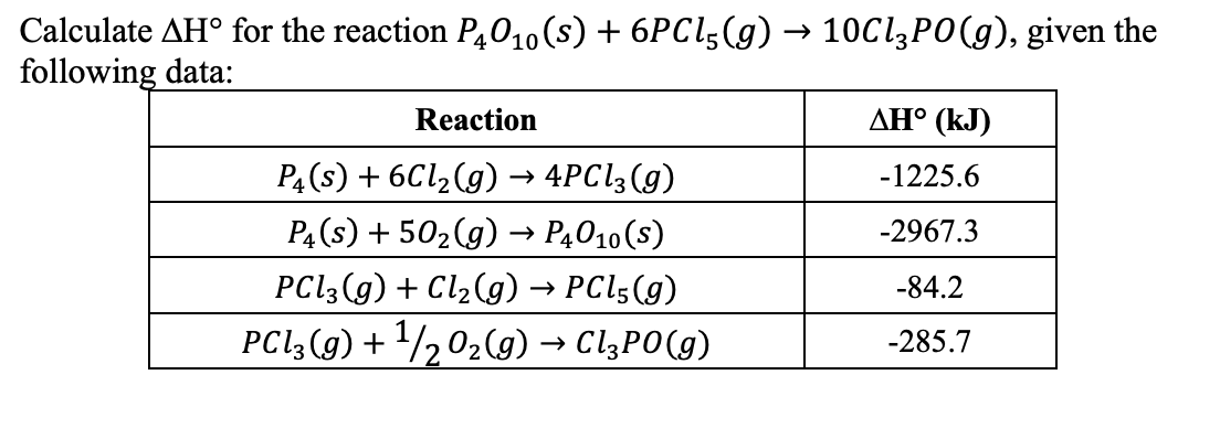 Solved Calculate AH° for the reaction P4010(s) + 6PC1;(g) → | Chegg.com