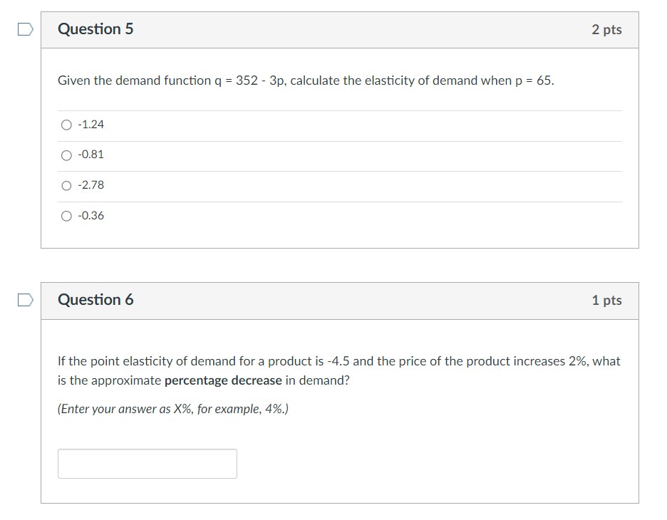 Solved Given the demand function q=352−3p, calculate the | Chegg.com