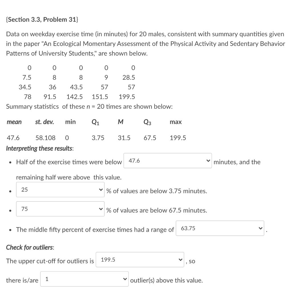 Solved {Section 3.3, Problem 31} Data on weekday exercise | Chegg.com