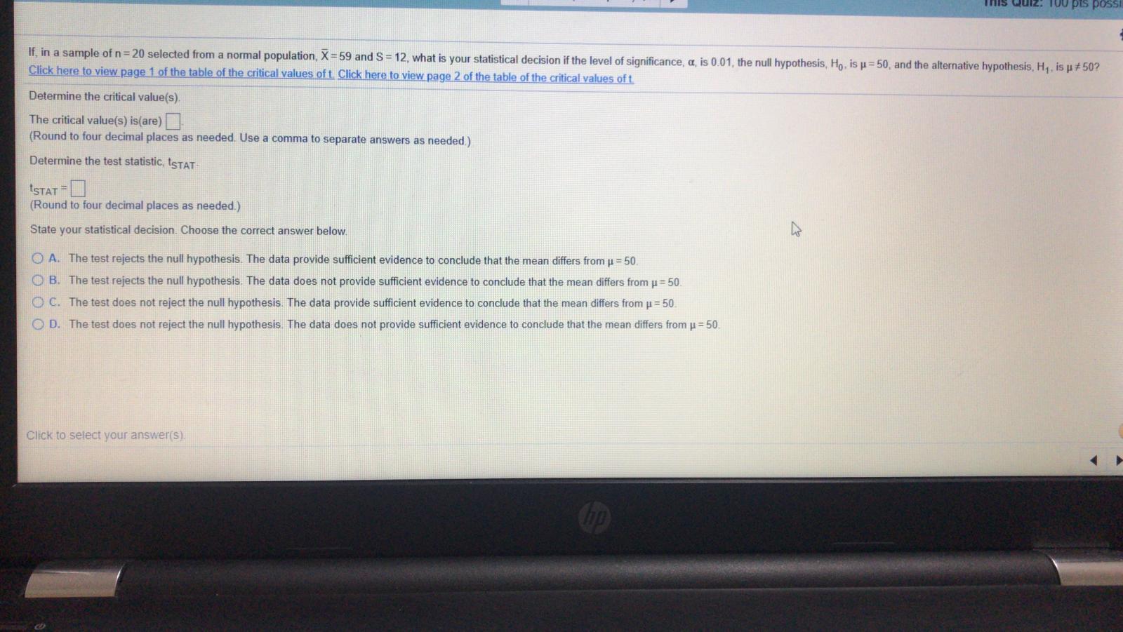 Solved This Quiz: 100 pts poss If, in a sample of n=20 | Chegg.com