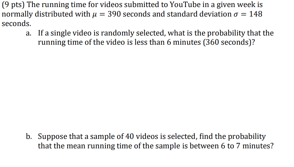 Solved 9pts ) The running time for videos submitted to | Chegg.com