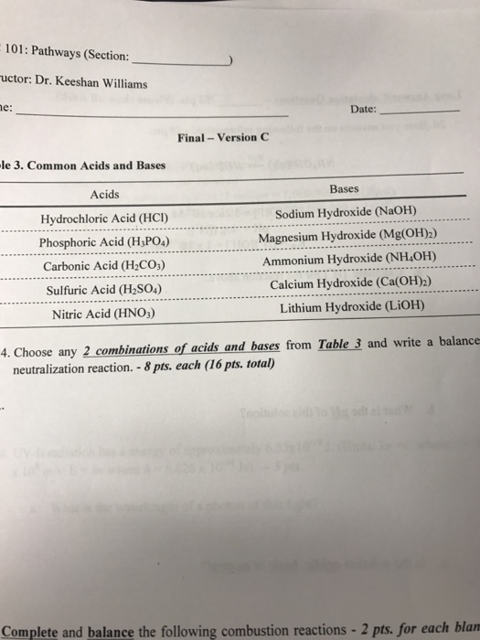 Solved Common Acids and Bases Choose any 2 combinations of | Chegg.com
