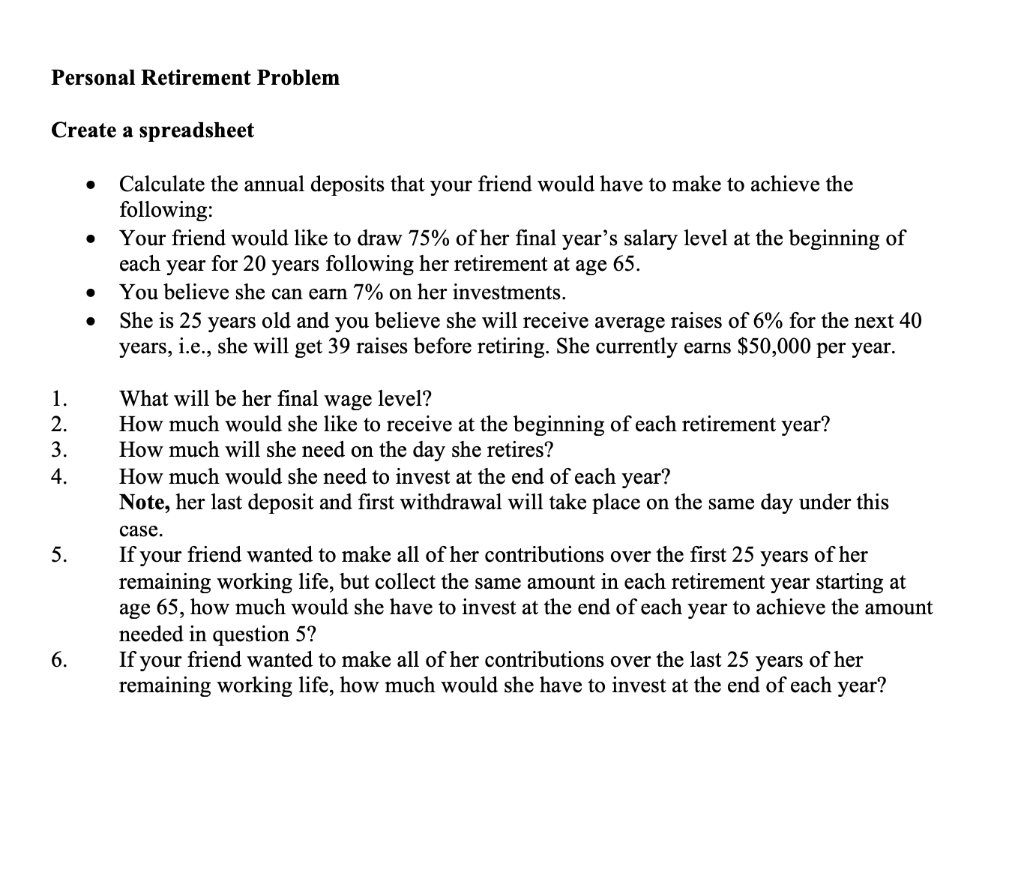 Solved Personal Retirement Problem Create a spreadsheet • | Chegg.com