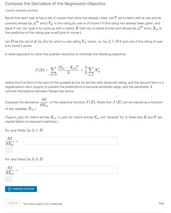 Compute the Derivative of the Regression Objective2 | Chegg.com