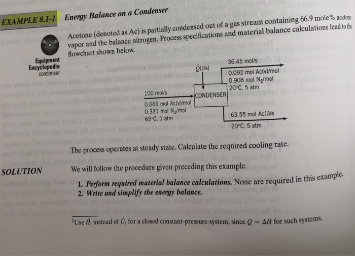 Solved EXAMPLE 8.1-1 Energy Balance on a Condenser Acetone | Chegg.com