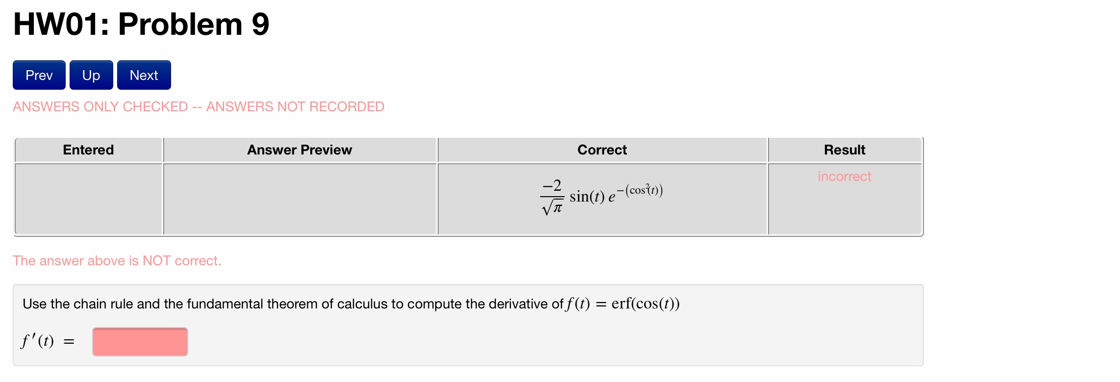 Solved HW01: Problem 9 Prev Up Next ANSWERS ONLY CHECKED -- | Chegg.com