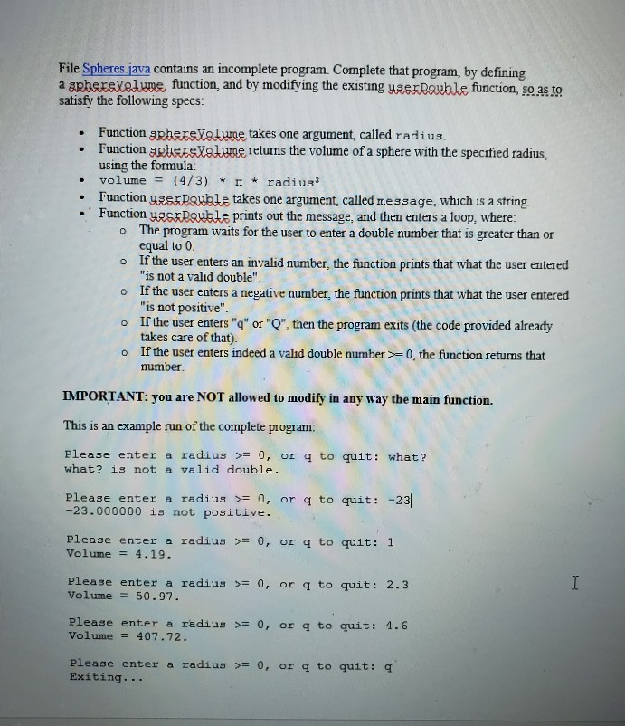 Solved File Spheres.java contains an incomplete program. | Chegg.com