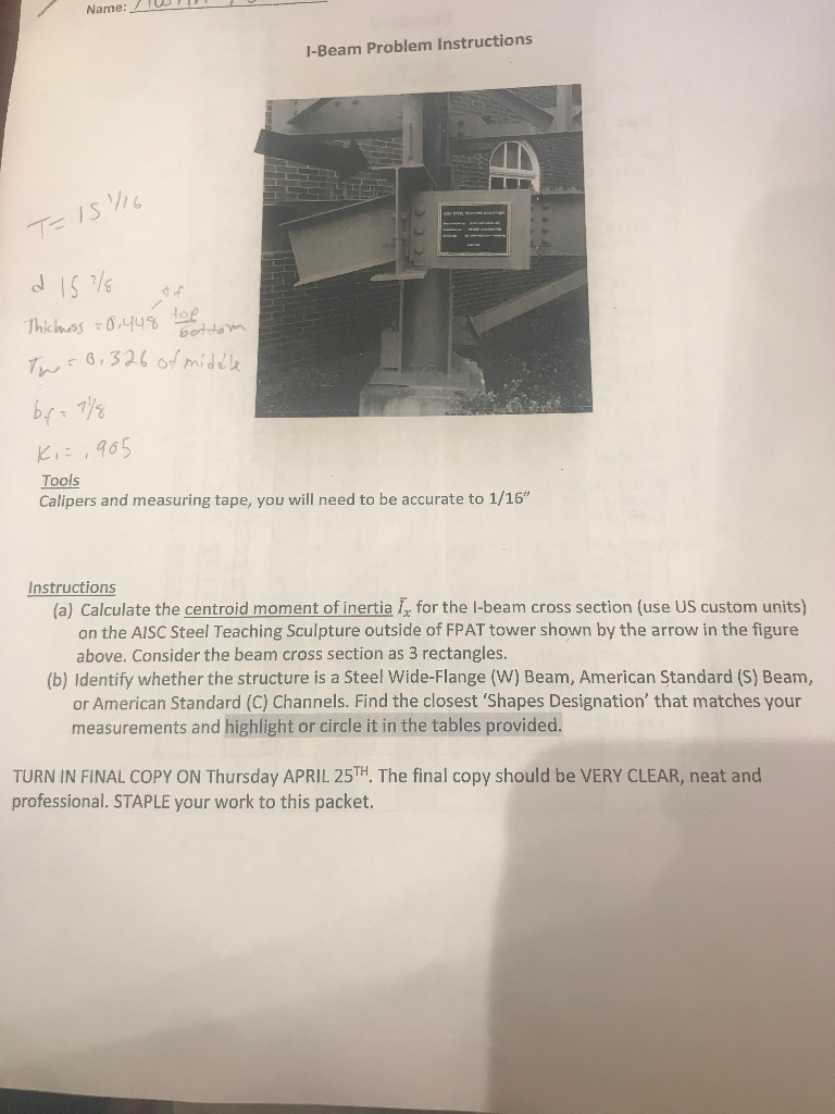 I-Beam Problem Instructions Tools Calipers and | Chegg.com