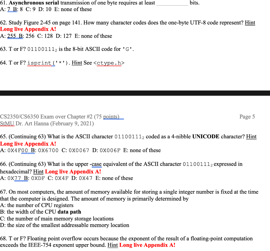 Solved bits. 61. Asynchronous serial transmission of one | Chegg.com