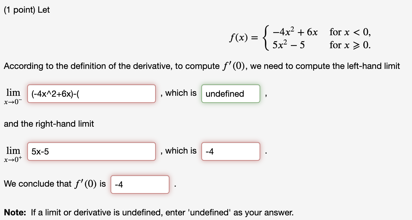 Solved (1 point) Let f(x) { -4x2 + 6x for x