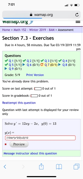 Solved 7:01 a wamap.org wall ldp.org Home > Math 152 - | Chegg.com