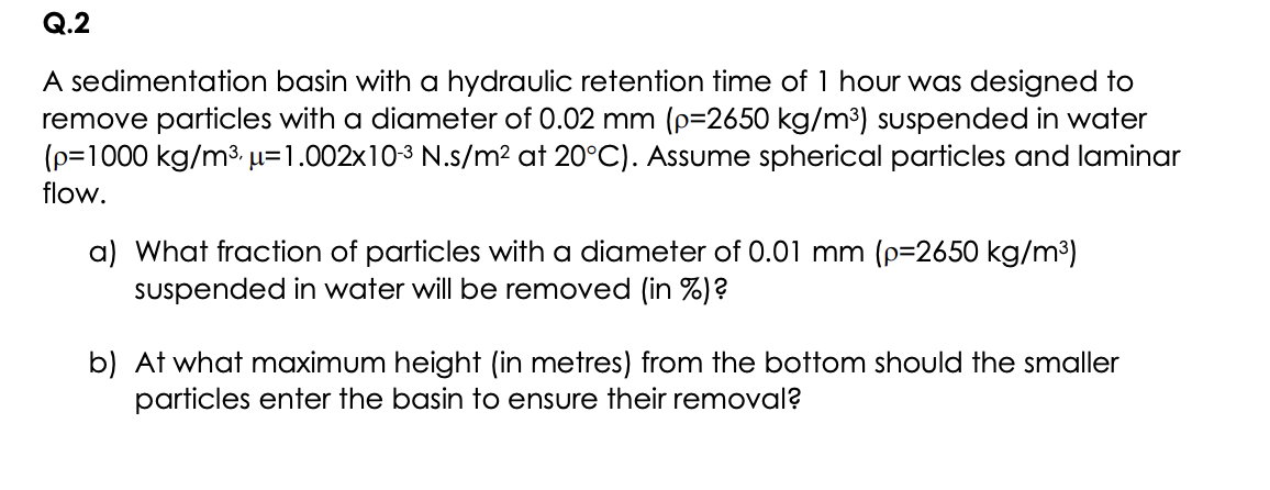 Solved A sedimentation basin with a hydraulic retention time | Chegg.com