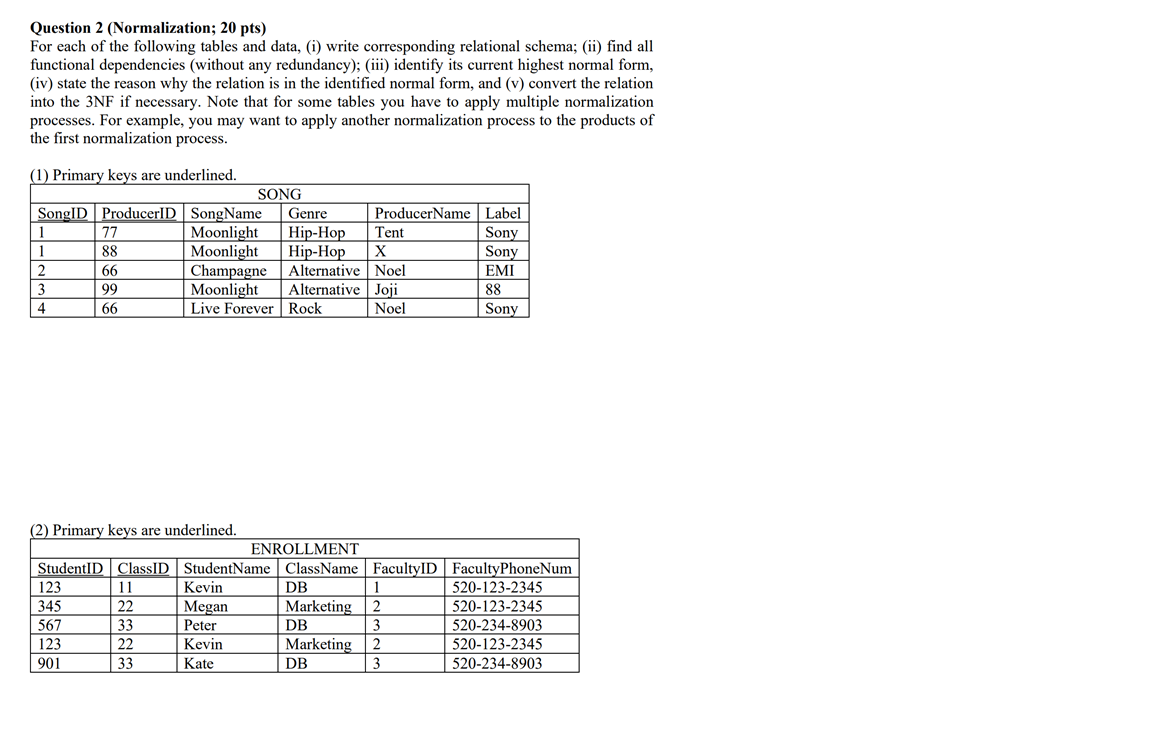 Solved Question 2 (Normalization; 20pts ) For each of the | Chegg.com