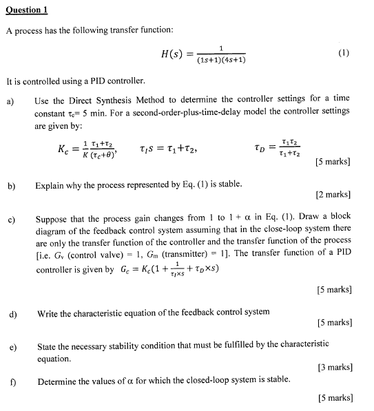 Solved Question 1 A process has the following transfer | Chegg.com