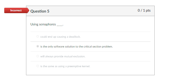 Solved Incorrect Question 5 0/1 pts Using semaphores - could | Chegg.com