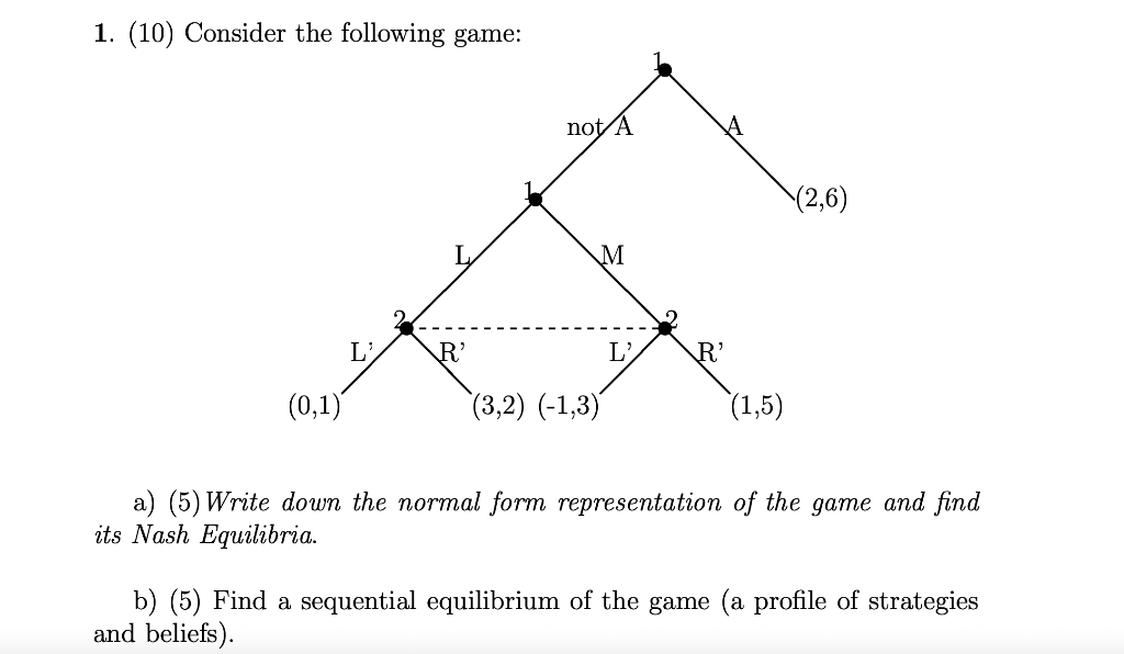 Solved 1. (10) Consider the following game: not A (2,6) M L | Chegg.com
