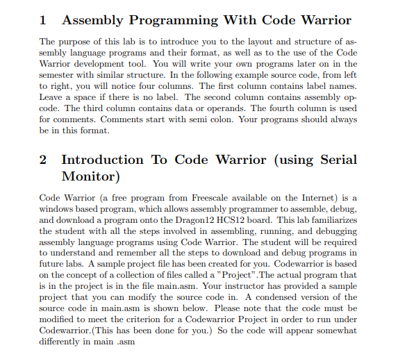 Solved 1 Assembly Programming With Code Warrior The purpose | Chegg.com