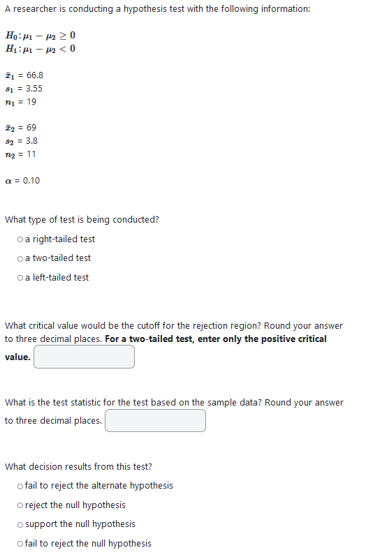 Solved A researcher is conducting a hypothesis test with the | Chegg.com