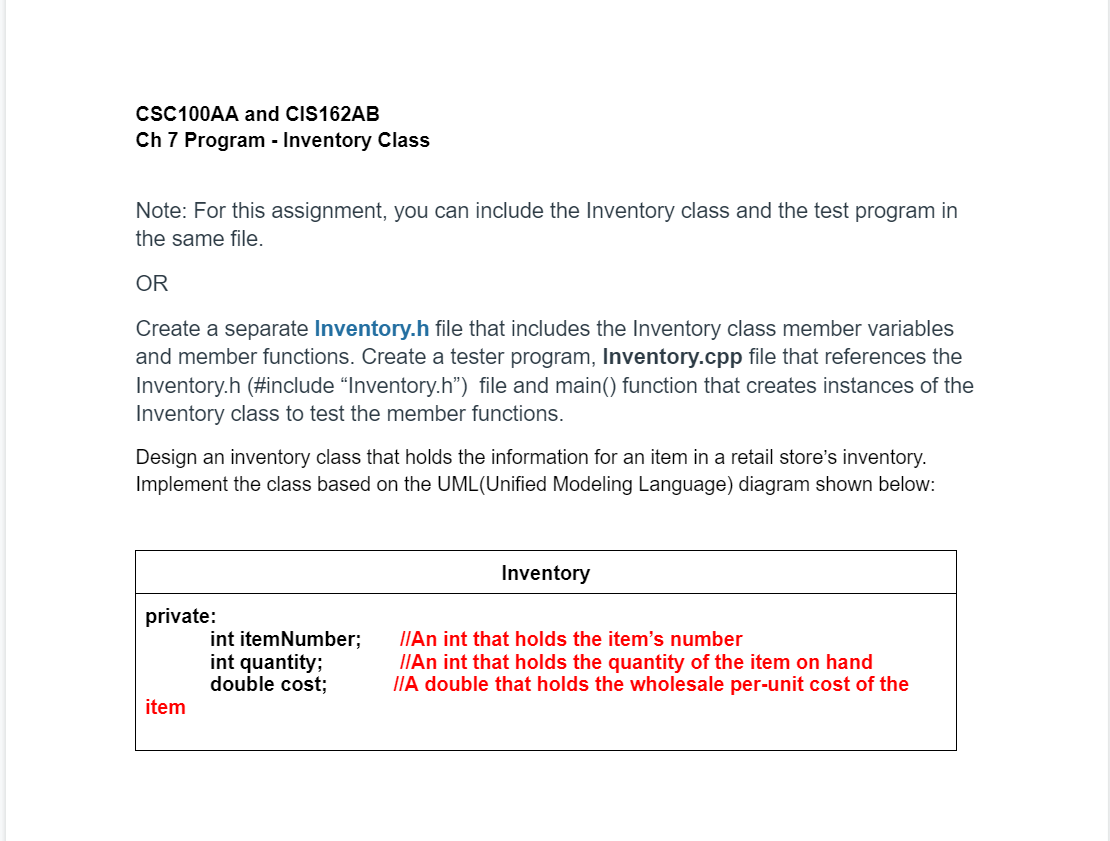 Solved CSC100AA and CIS162AB Ch 7 Program - Inventory Class | Chegg.com