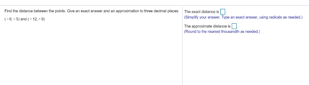 Solved Find the distance between the points. Give an exact | Chegg.com