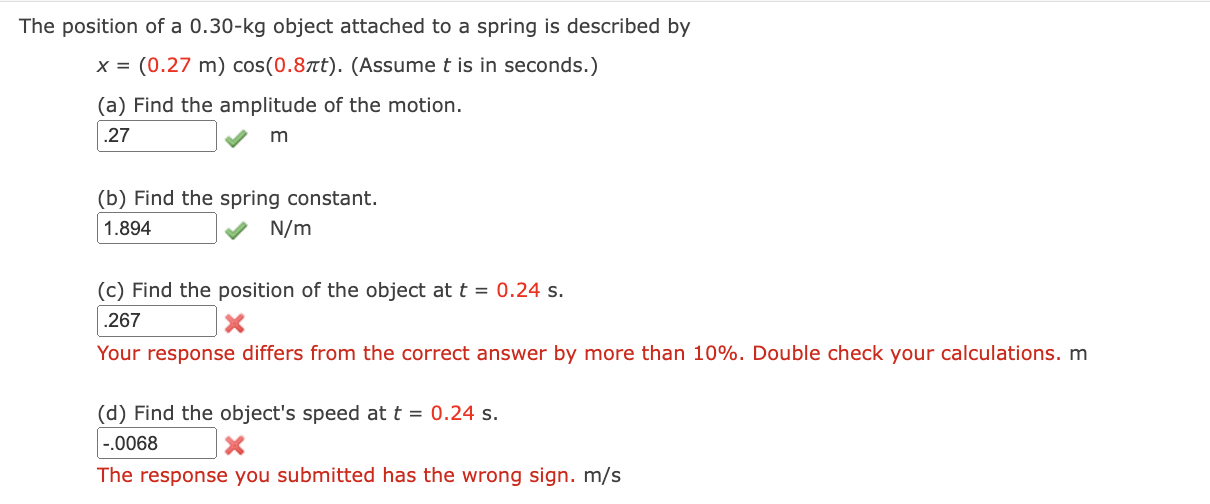 Solved The Position Of A 0 30 Kg Object Attached To A Spring