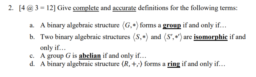Solved 2. [4 @ 3 = 12] Give complete and accurate | Chegg.com