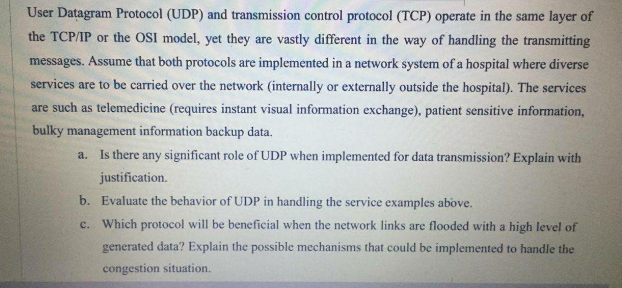 Solved User Datagram Protocol (UDP) and transmission control | Chegg.com