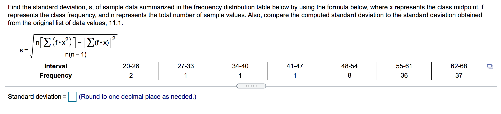 Solved Find the standard deviation, s, of sample data | Chegg.com