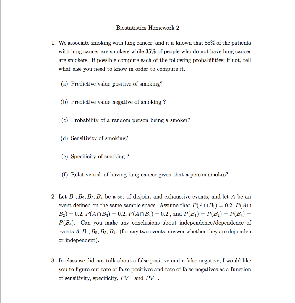 Biostatistics Homework 2 1. We associate smoking with | Chegg.com