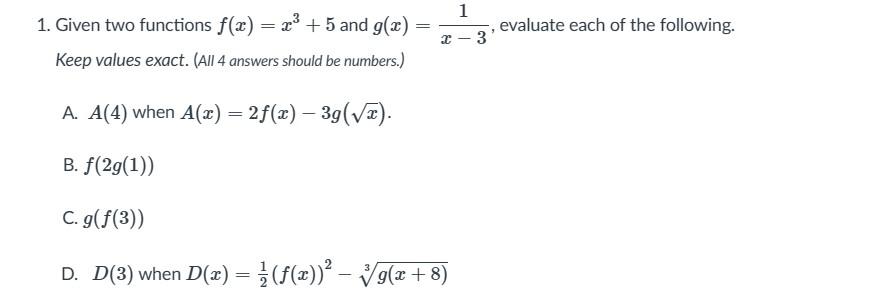 Solved 1. Given two functions f(x)=x3+5 and g(x)=x−31, | Chegg.com