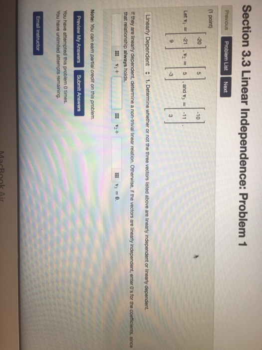 Solved Section 3.3 Linear Independence: Problem 1 Problem | Chegg.com