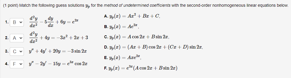 Solved (1 point) Match the following guess solutions yp for | Chegg.com