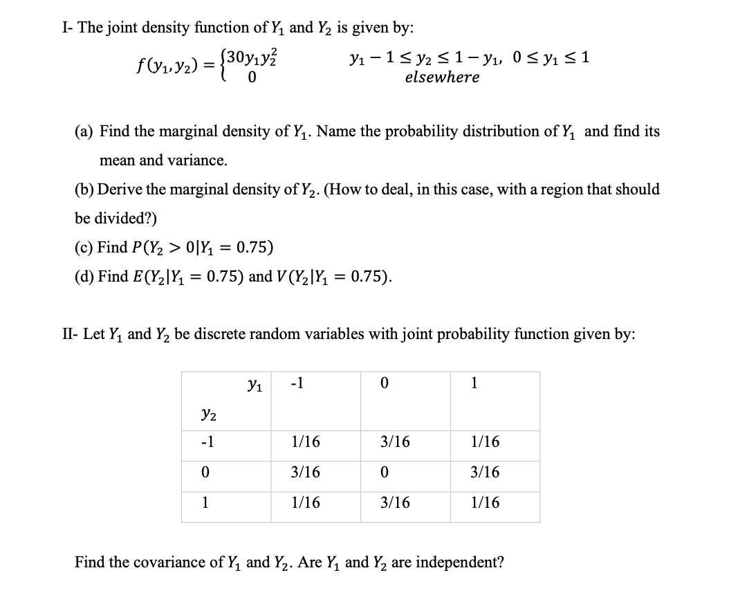 Solved I- The joint density function of Y1 and Y2 is given | Chegg.com