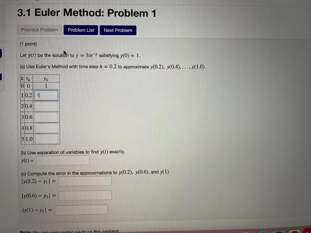 Solved 3.1 Euler Method: Problem 1 Previous Problem Problem | Chegg.com