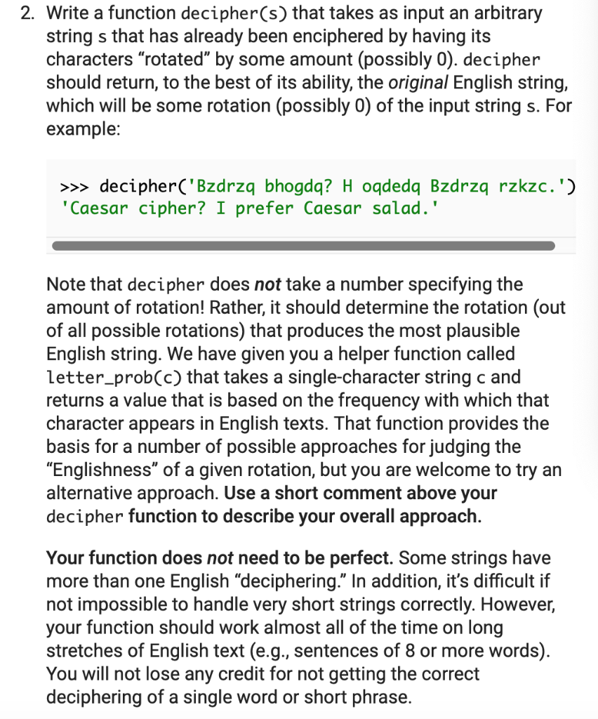 Solved 2 Write A Function Decipher S That Takes As Input