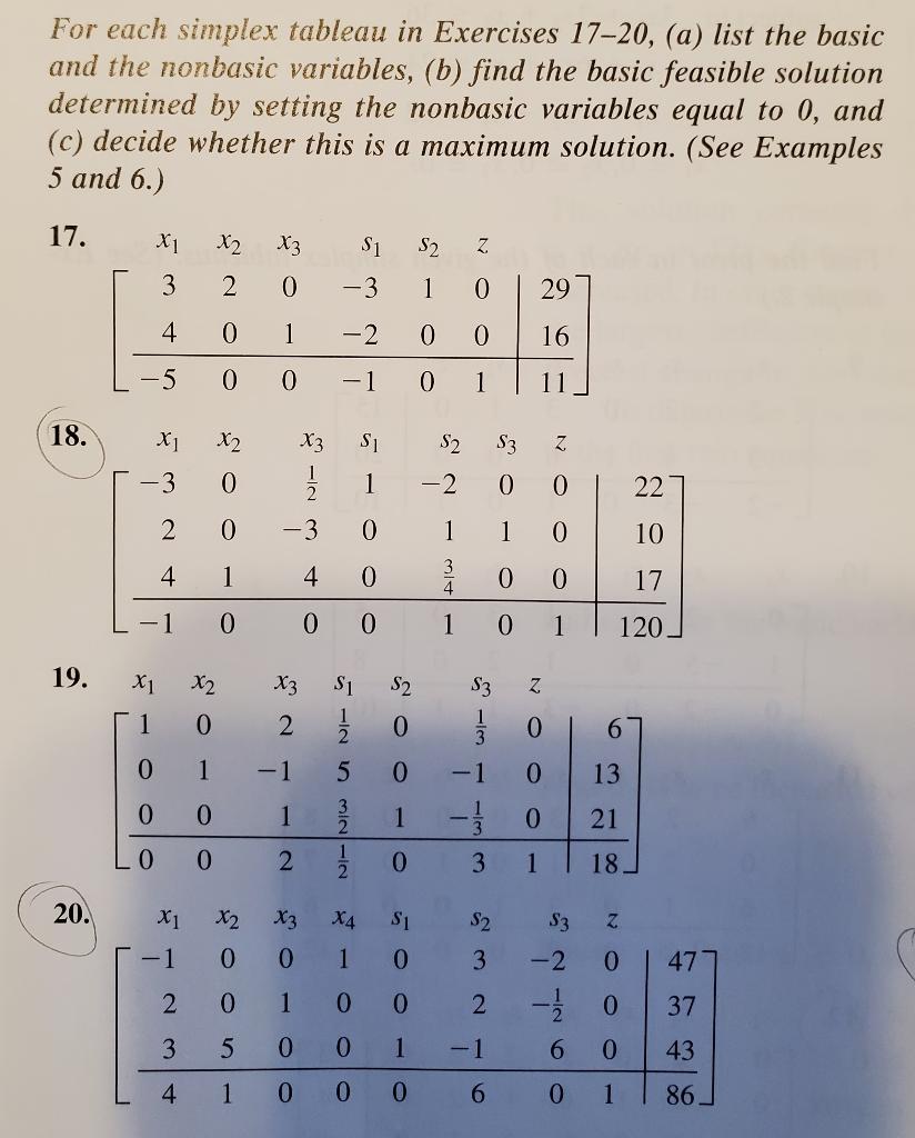 Solved For each simplex tableau in Exercises 17-20, (a) list | Chegg.com