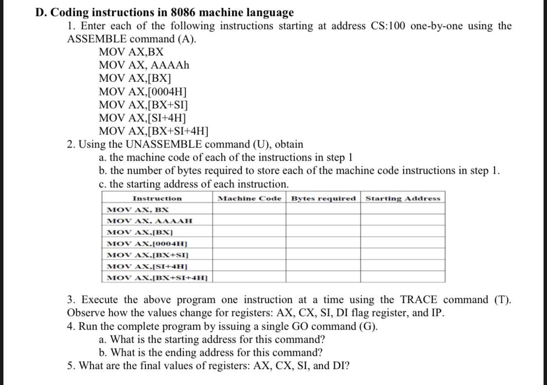 Solved D. Coding instructions in 8086 machine language 1. | Chegg.com