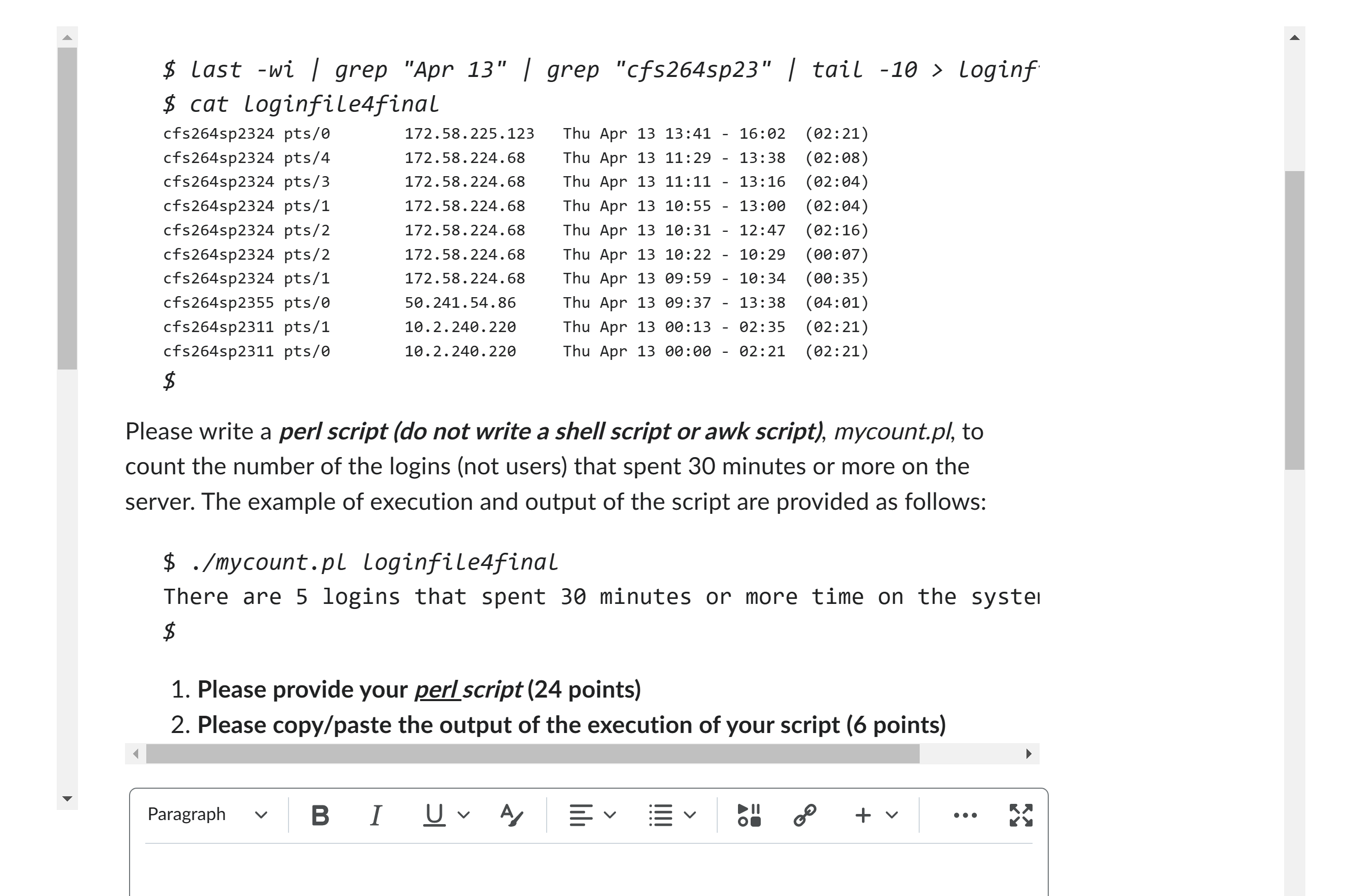 Solved \$ Last -wi / grep "Apr 13" / grep "cfs264sp23" / | Chegg.com