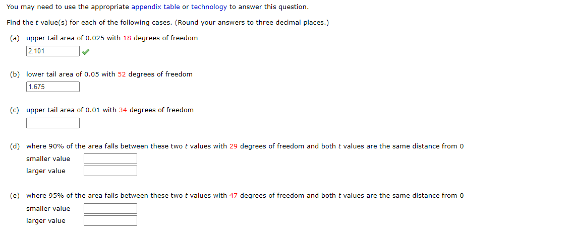 Solved Find the t value(s) for each of the following cases. | Chegg.com